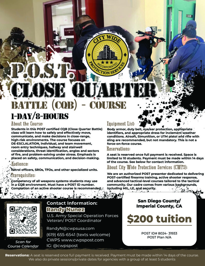 P.O.S.T Close Quarter Battle (CQB) Tactics Course 3/20/26 - CWPS POST